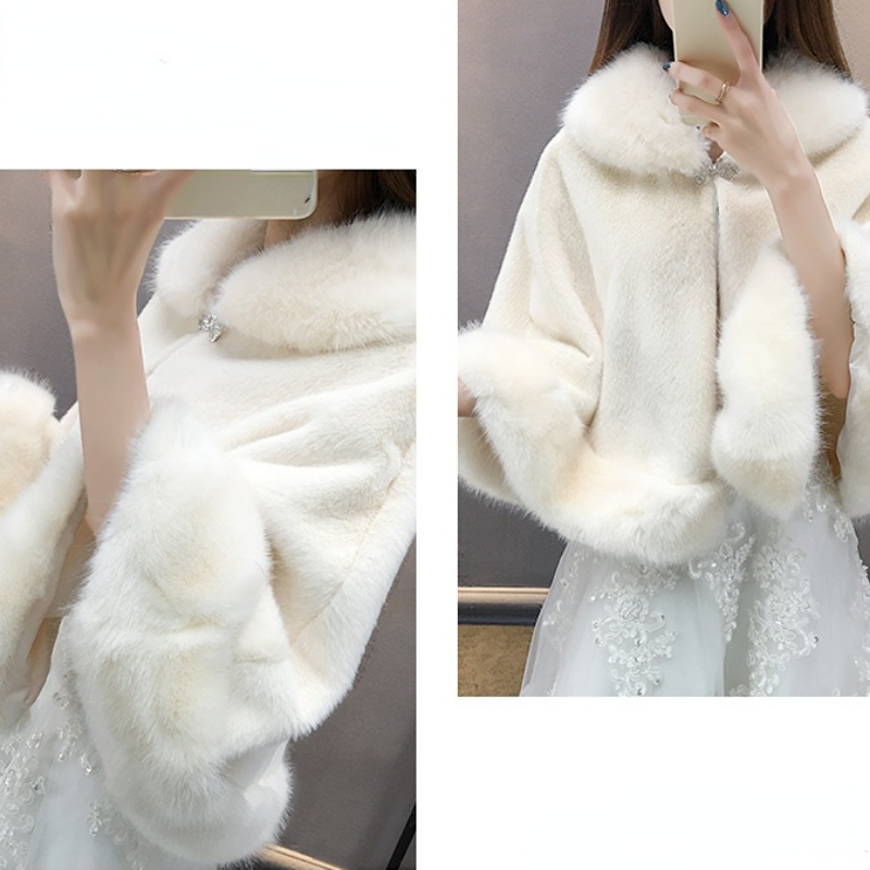 Women Faux Fur Cape Cloak Rhinestone Buckle Fluffy Winter Wedding Bride ...