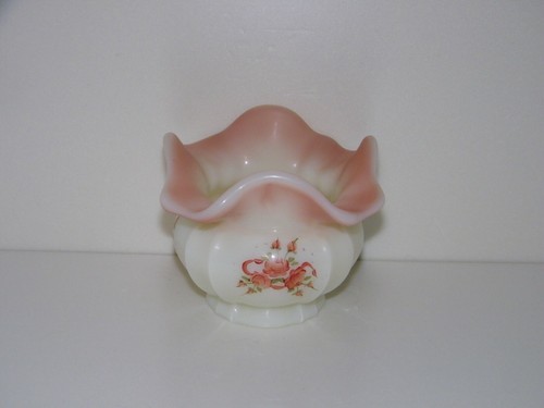 Fenton Antique Rose Aurora Bowl Ruffled Vase Pink Flowers Signed Gherke ...