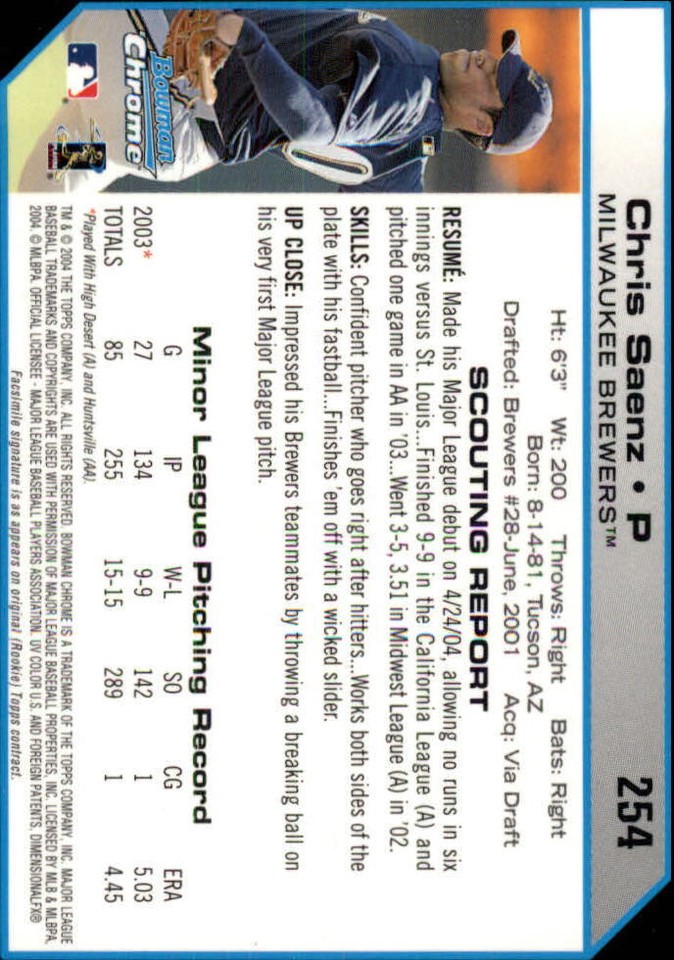2004 Bowman Chrome #254 Chris Saenz RC | eBay
