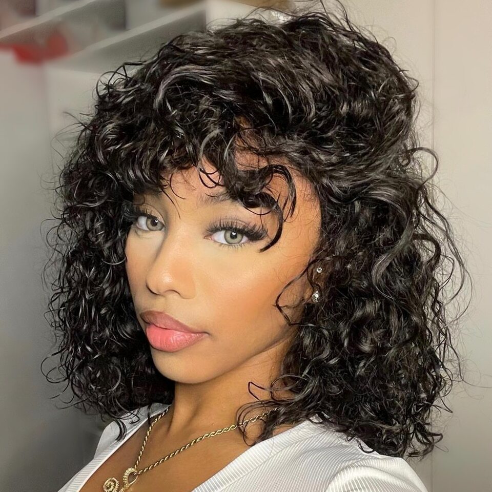Curly Wig with Bangs Human Hair Full Machine Made Pixie Cut Deep Wave ...