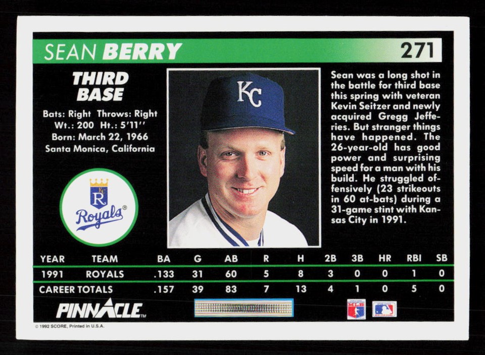 1992 Pinnacle Sean Berry #271 Baseball Kansas City Royals RP | eBay