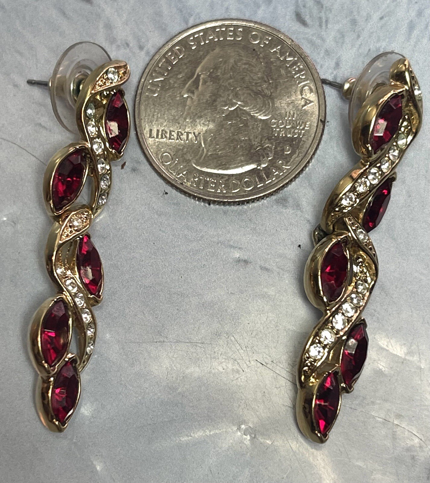 Glamorous Gold Tone Red Rhinestone & Clear Rhinestone Dangle Pierced ...