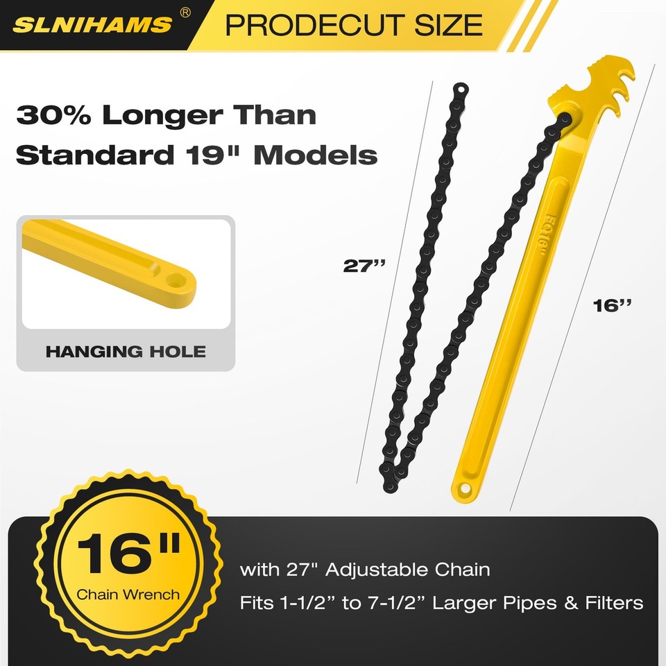 16 Inch Chain Wrench, Heavy Duty Oil Filter Chain Wrench Adjustable 27 ...