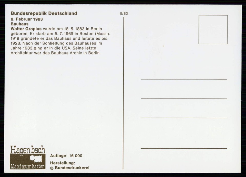 GERMANY MK 1983 BAUHAUS ARCHITECTURE GROPIUS CARTE MAXIMUM CARD MC CM ...
