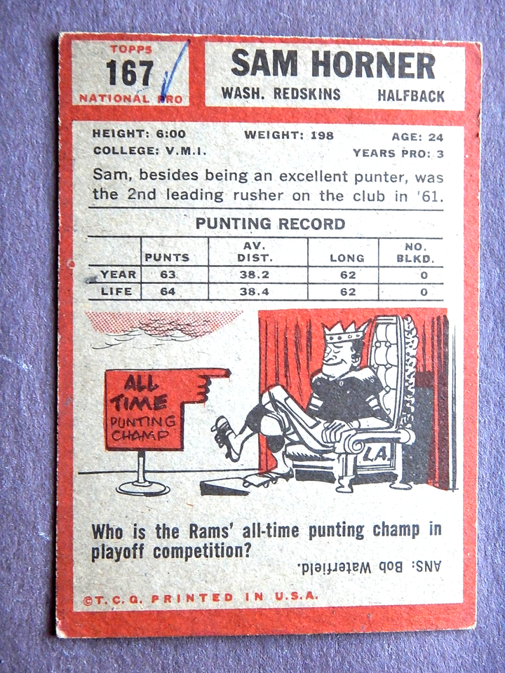 Sam Horner #167 Topps 1962 Football Card (Washington Redskins) | eBay