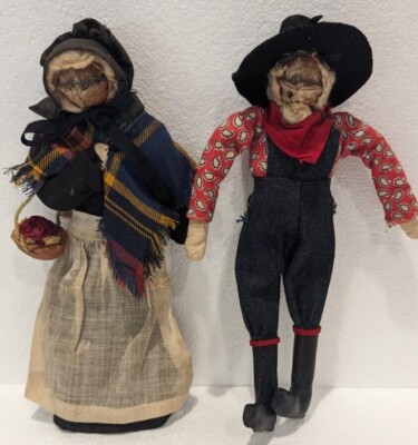 Two Vintage Small Folk Art Cloth Dolls with Walnut Heads | eBay