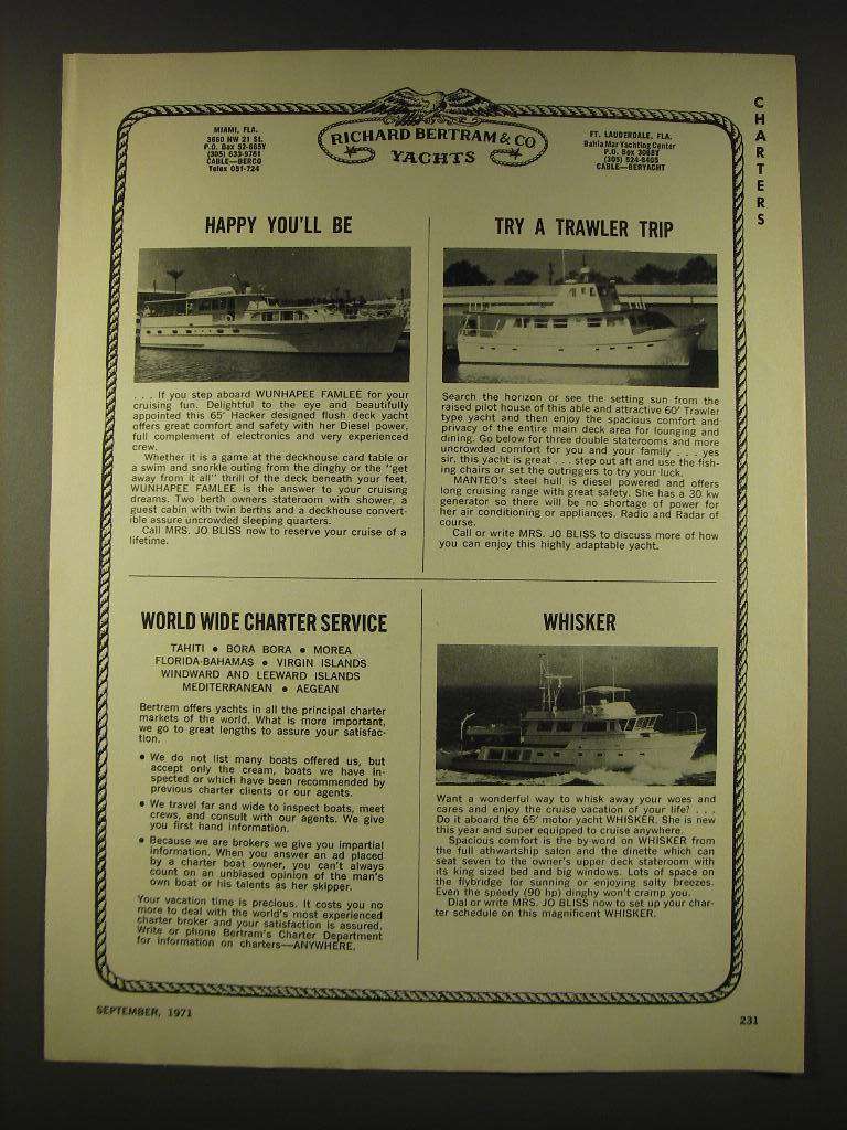 1971 Richard Bertram Yachts Ad - Wunhapee Famlee 65' Hacker, Manteo 60 ...