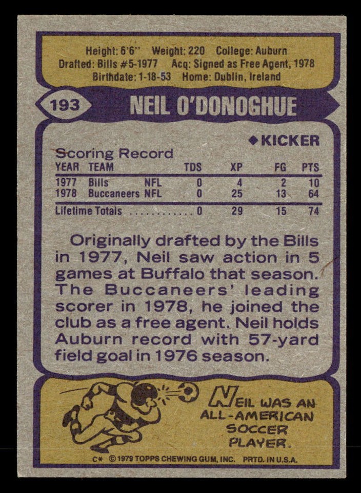 Neil O'Donoghue 1979 Topps Rookie Card #193 Tampa Bay Buccaneers | eBay