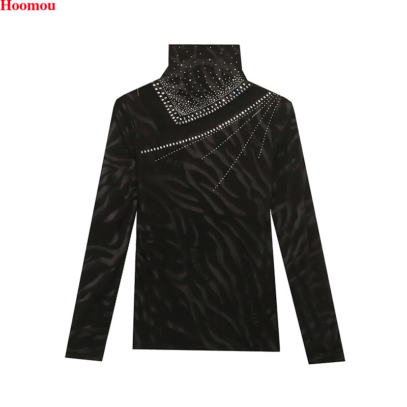 Women Mock High Neck Rhinestone Slim Fit Mesh Party Cocktail Tops ...