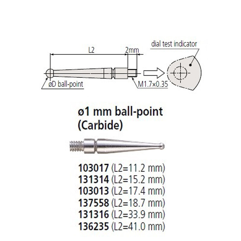 M1.7 1mm Carbide Contact Point, 8.6mm for Mitutoyo Dial Test Indicators ...