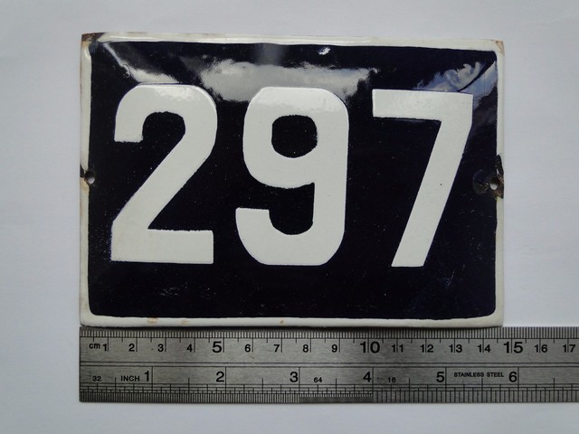 Vintage Enameled Porcelain Tin Sign House Door Number 297 - 5.7 in x 3. ...