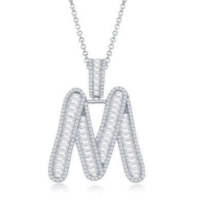 Sterling Silver Baguette CZ 'Extra Large' 'M' Initial Pendant W/Chain ...