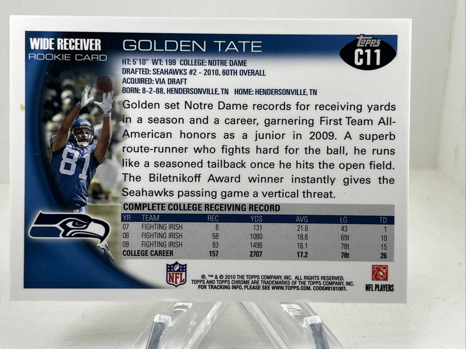 2010 Topps Chrome #C11 GOLDEN TATE RC Rookie Seattle Seahawks Football ...