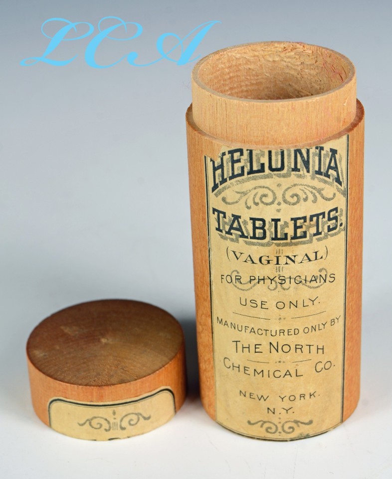 Antique OPIUM vaginal TABLETS wooden bottle HELONIA the NORTH CHEMICAL ...