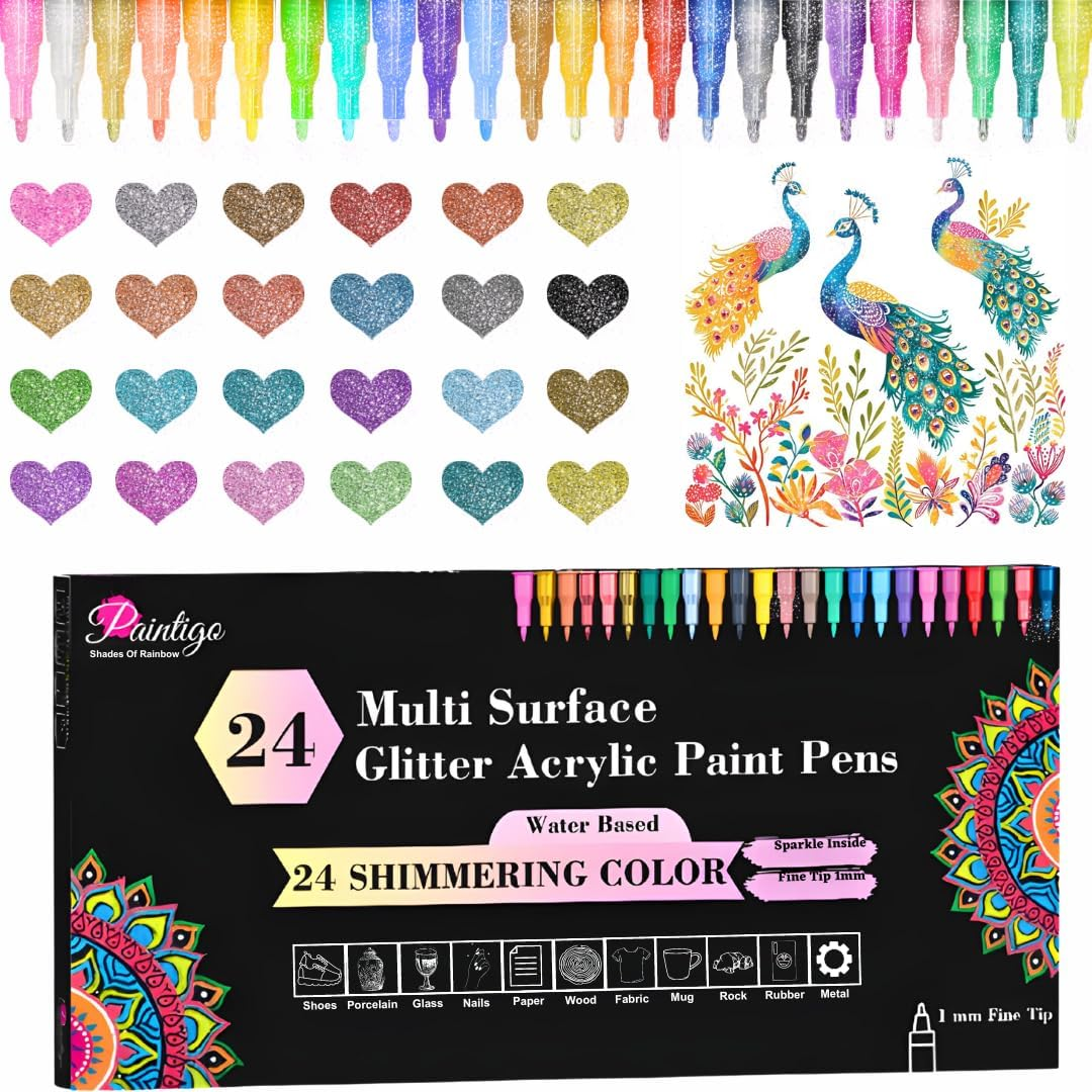 24 Colors Glitter Paint Markers - Water-Based Acrylic Pens with Fine Tip for Roc | eBay