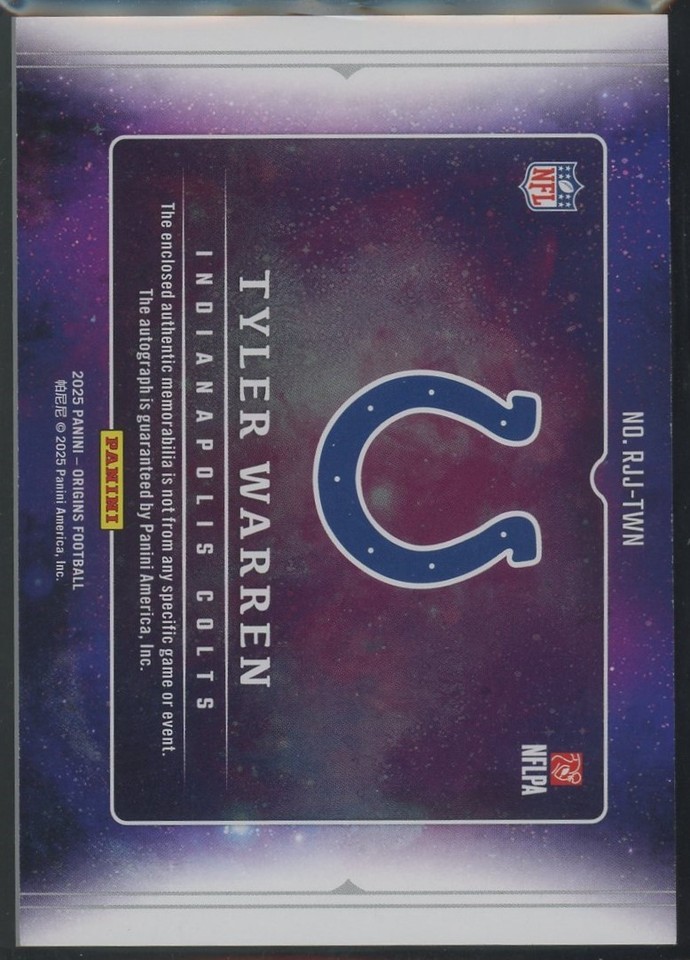 Tyler Warren 2025 Panini Origins #RJJ-TWN Rookie RPA Autographs Colts ...