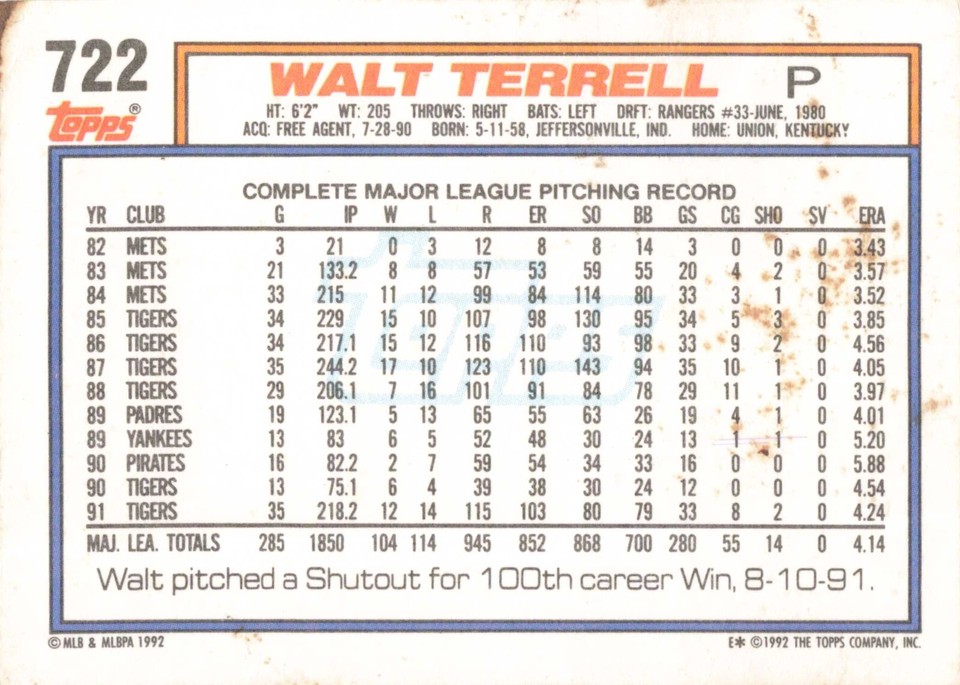 Walt Terrell Detroit Tigers 1992 Topps Baseball Card #722 | eBay
