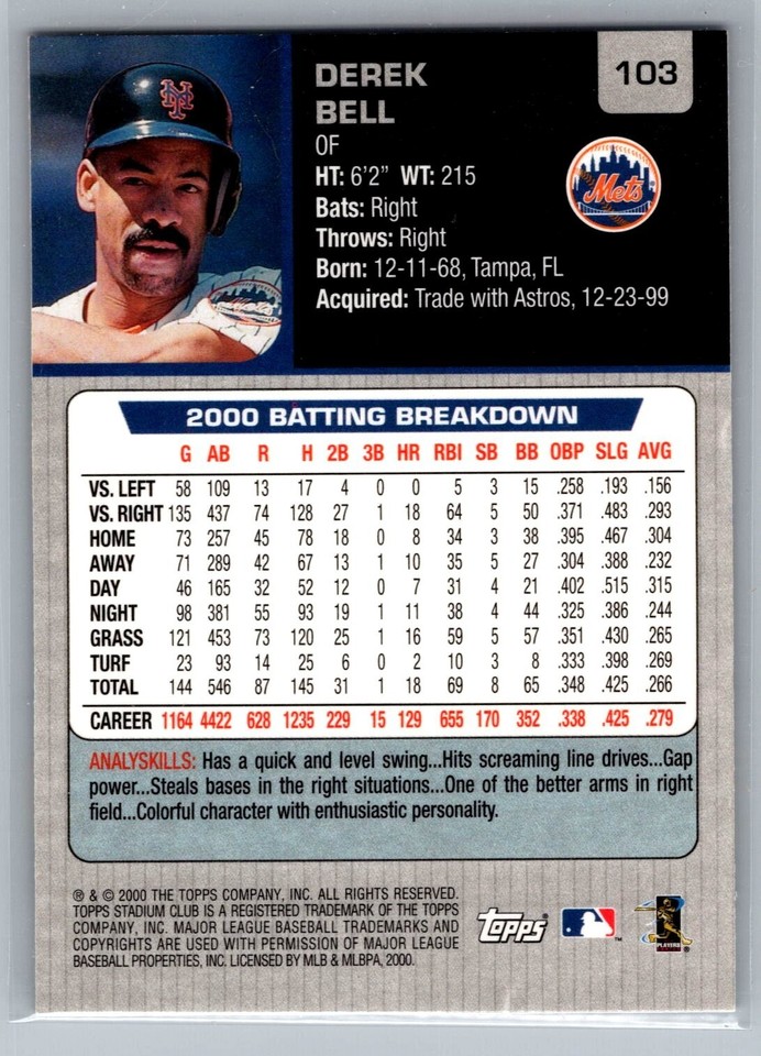 2000 TOPPS STADIUM CLUB CARD # 103 Derek Bell - New York Mets | eBay