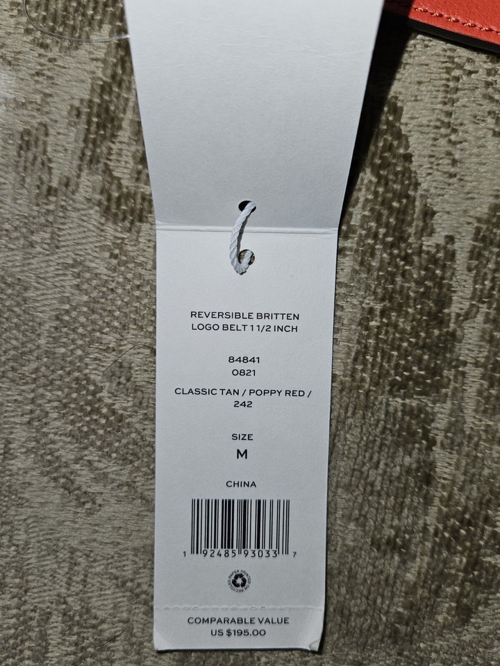 TORY BURCH Rvsb Britten Logo Belt 1.5 in. Classic Tan/ Poppy Red Size M ...