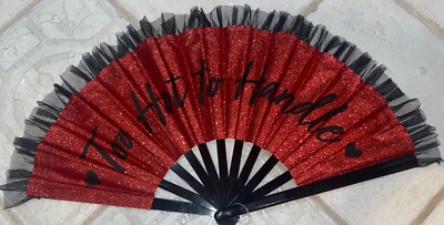 VALENTINE HAND HELD FAN “TOO HOT TO HANDLE” RED SHIMMER BLACK LACE 14 ...