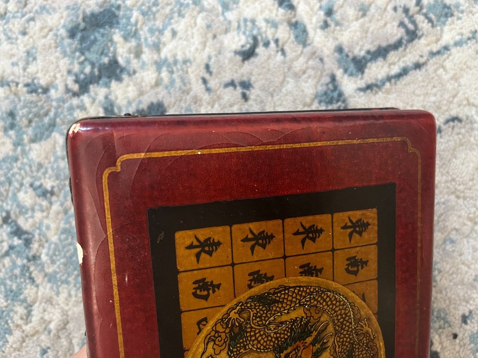 Retro Chinese Mahjong Game Set Wood Case Dragon Phoenix Vintage Decor ...
