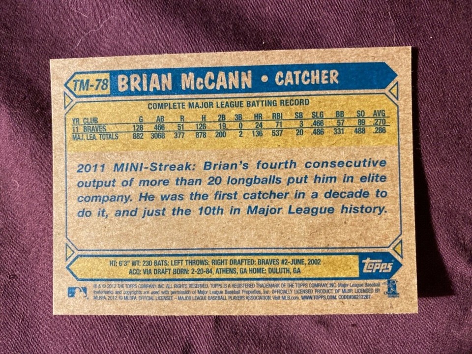 2012 Topps 1987 Topps Minis Insert #TM-78 Braves Brian McCann Baseball ...
