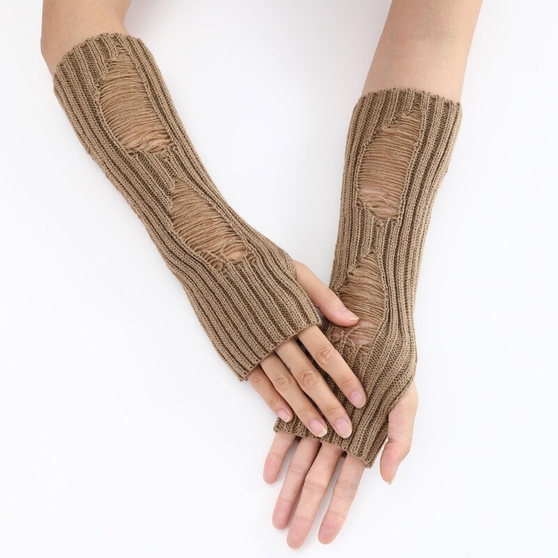Ripped Hole Half Finger Gloves Winter Knit Keep Wrist Warm Mittens for ...