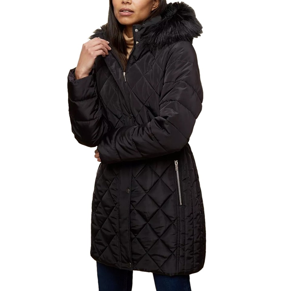 Ex Brand Womens Padded Long Jacket Quilted Belted Faux Fur Hooded ...