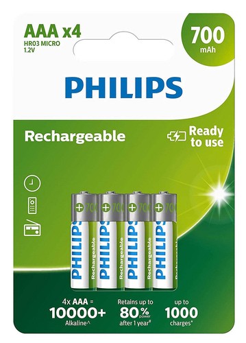 4 Philips Rechargeable AAA Batteries Nimh Battery Hr03 700 Mah 4bl 1.2V ...