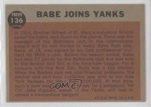 1962 Topps Babe Ruth Special Jacob Ruppert Babe Joins Yanks #136 Rookie ...