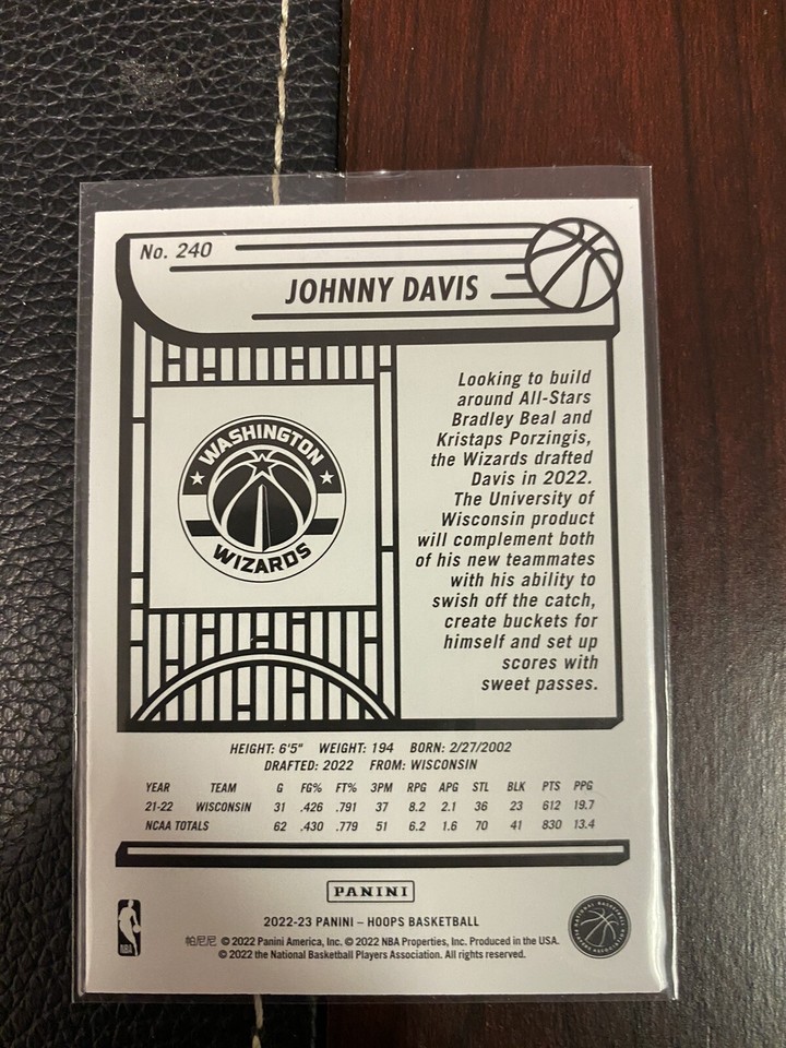 2022-23 NBA Hoops JOHNNY DAVIS Exclusive Premium Foil /199 Rookie Card ...
