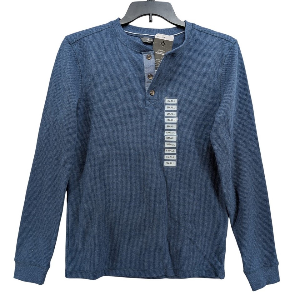 Members Mark Thermal Henley Tee S Blue Long Sleeve Tshirt Waffle Knit ...