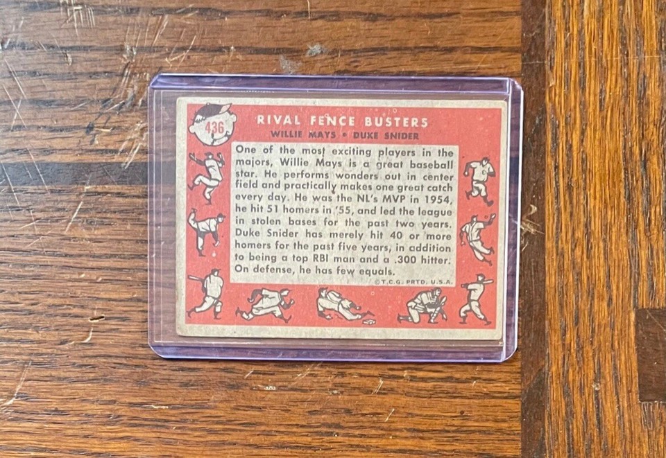 1958 TOPPS #436 RIVAL FENCE BUSTERS WILLIE MAYS DUKE SNIDER HOF GIANTS ...