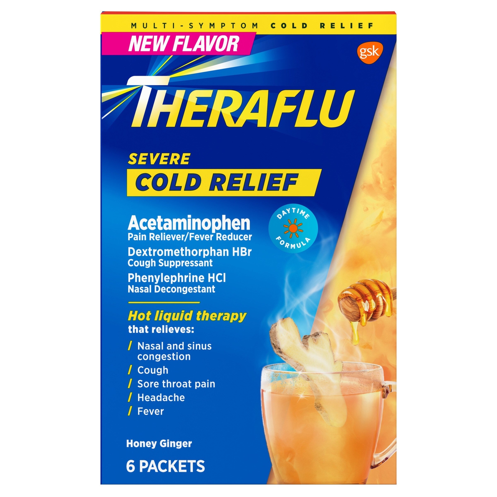 Thera flu Severe Cold Relief Daytime Powder, Honey Ginger, 6 CT ...