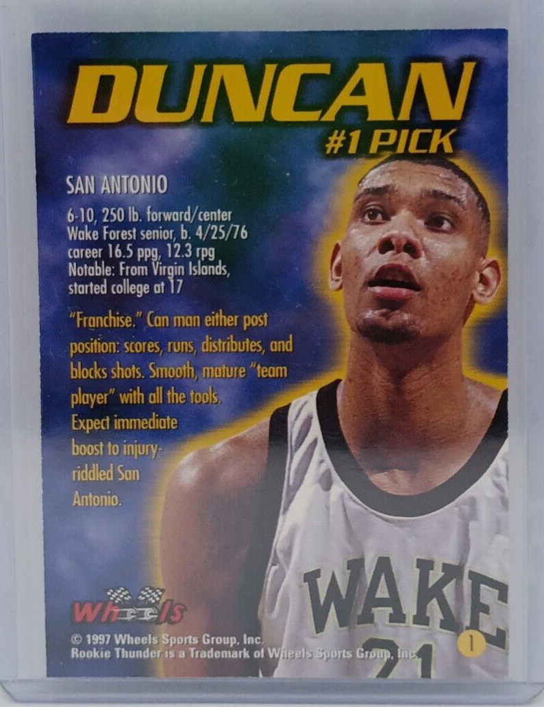TIM DUNCAN WAKE FOREST #1 ROOKIE THUNDER ‘97 DRAFT PICK WHEELS SPORTS ...