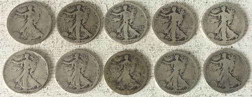 10 Coin Walking Liberty Half Dollar Lot 90% Silver Cull Slick $5 FV 1/2 ...