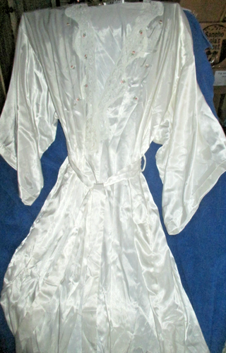 Vintage Val Mode Cream & Pink Floral Lace Long Robe Lingerie Size ...