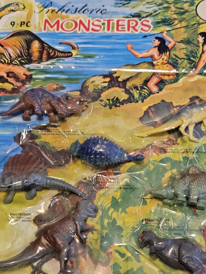 Vtg Prehistoric Monsters Toy Figures Bubble Pack 70s Plastic Set Of 9 ...
