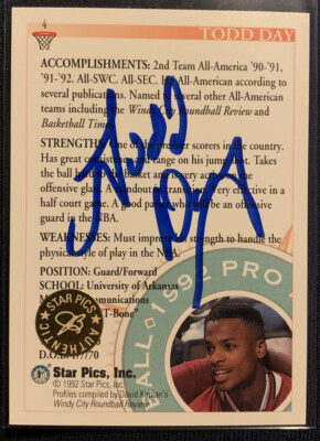 Todd Day Arkansas Basketball Star Pics Autograph Rookie Card Auto 1992 ...