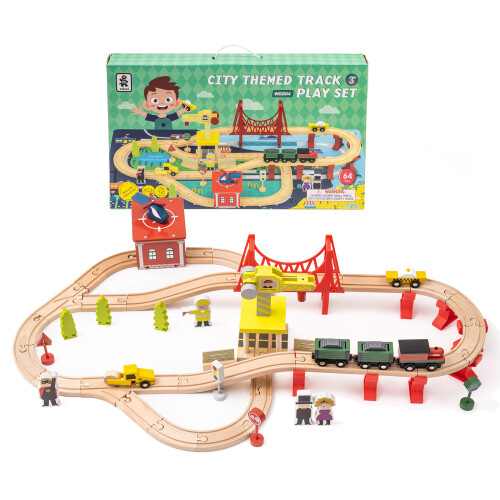 Wooden Train Track Set w/ Magnetic Trains Bridge Ramp Toy for Kids | eBay
