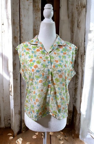 Vintage 60s Tank Top Womens Sz M-L Butterfly Collar Floral All Over ...