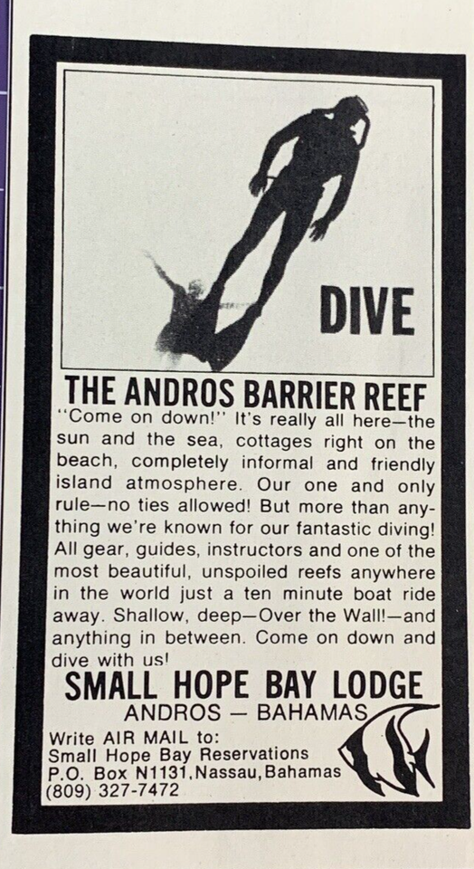 1975 PRINT AD SMALL HOPE BAY LODGE DIVE THE ANDROS BARRIER REEF BAHAMAS ...