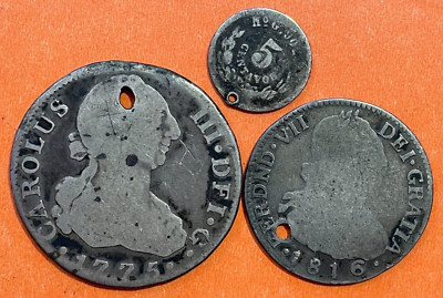 ESTATE FIND 3 Holed OLD Silver COINS HISPANIA 1775 & 1816 SPAIN PLUS ...