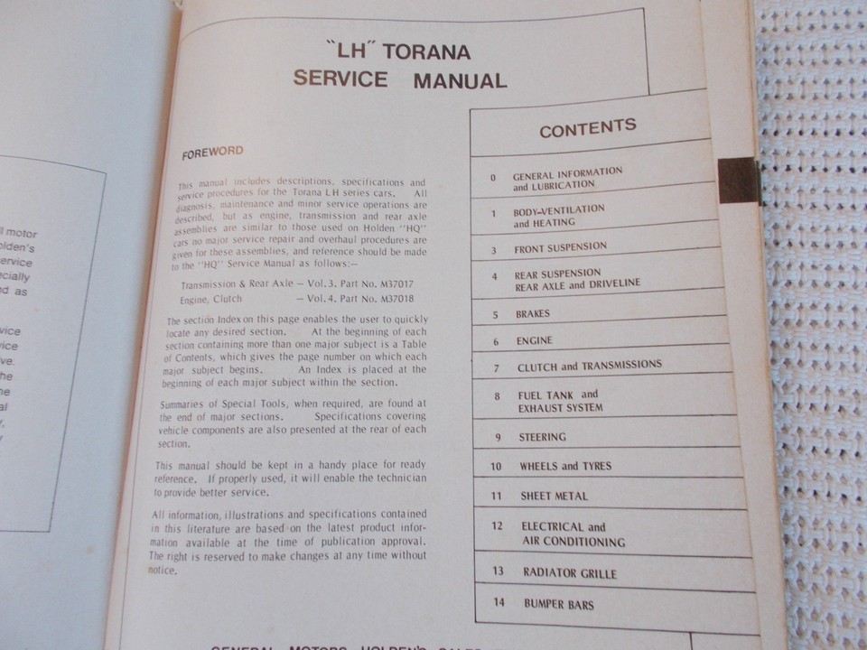 HOLDEN DEALERSHIP LH TORANA SERVICE MANUAL BOOK M37458 | eBay Australia