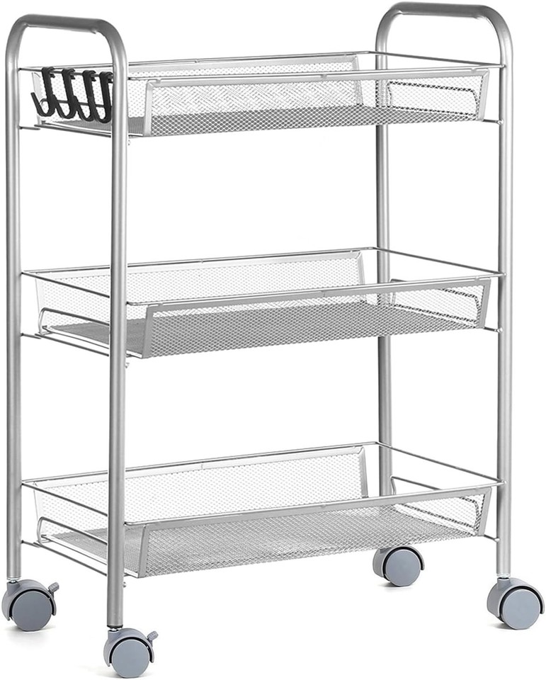 3-Tier Metal Rolling Cart on Wheels with Baskets Storage with Removable ...