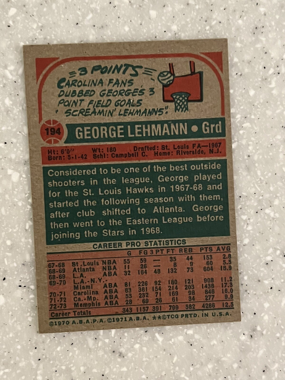 1973-74 TOPPS GEORGE LEHMANN MEMPHIS TAMS #194 Good Card | eBay