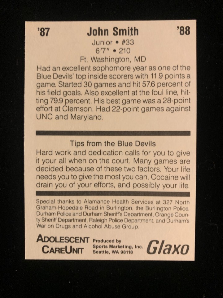 1987-88 Glaxo Duke Blue Devils JOHN SMITH Rookie Nrmt+ | eBay