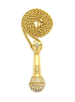 NEW ICED MICROPHONE MIC PENDANT 4mm/24" ROPE CHAIN HIP HOP NECKLACE ...