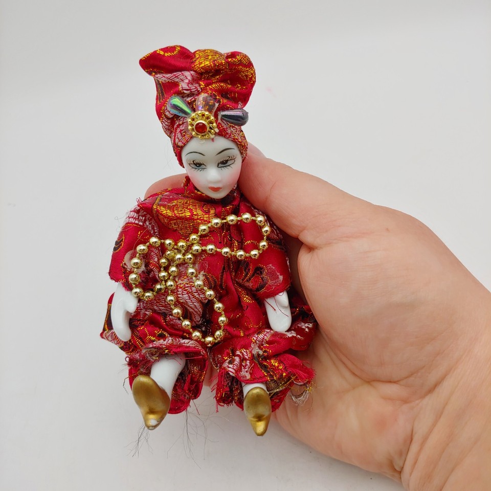 Mardi Gras Sitting Porcelain Doll - 4.5" Small Red Gold Jester ...