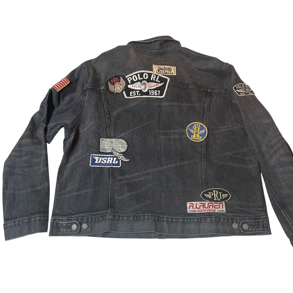 VTG Polo Ralph Lauren Denim Jacket Patches USRL Rider Style Black Size ...